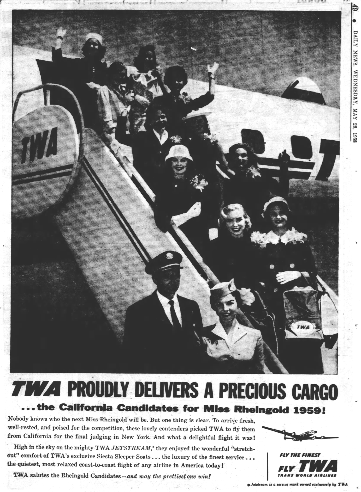 Beer In Ads #4480: Miss Rheingold 1959, TWA Proudly Delivers A Precious ...