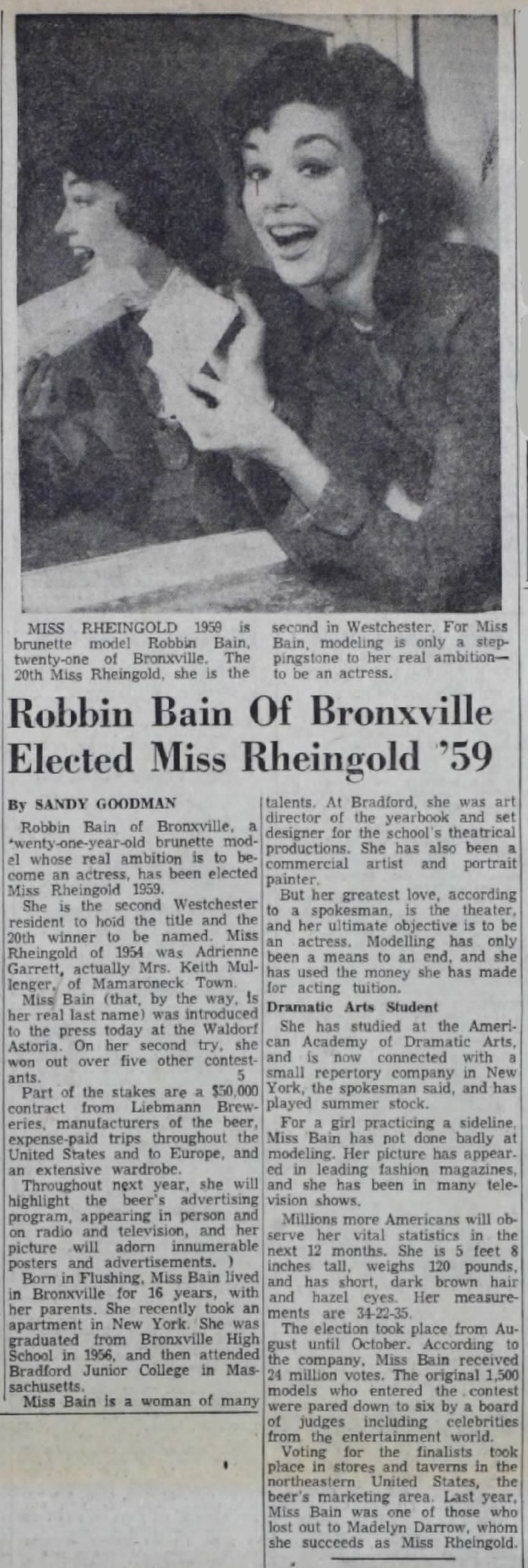 Beer In Ads #4488: Robbin Bain of Bronxville Elected Miss Rheingold 1959