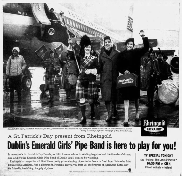 Beer In Ads #4599: Miss Rheingold 1961 & Dublin’s Emerald Girls’ Pipe Band
