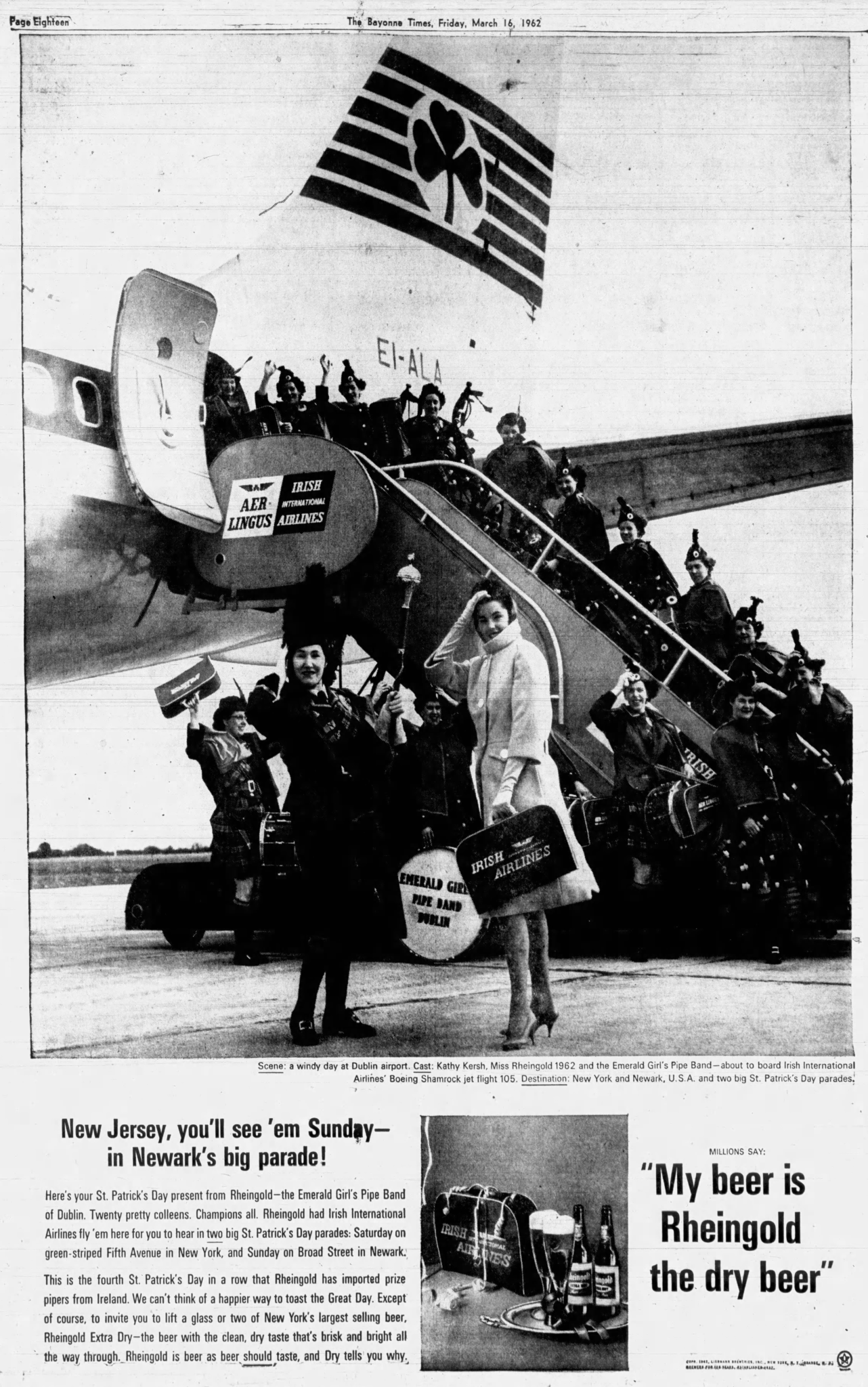 Beer In Ads #4628: Miss Rheingold 1962 Meets The Emerald Girl’s Pipe Band
