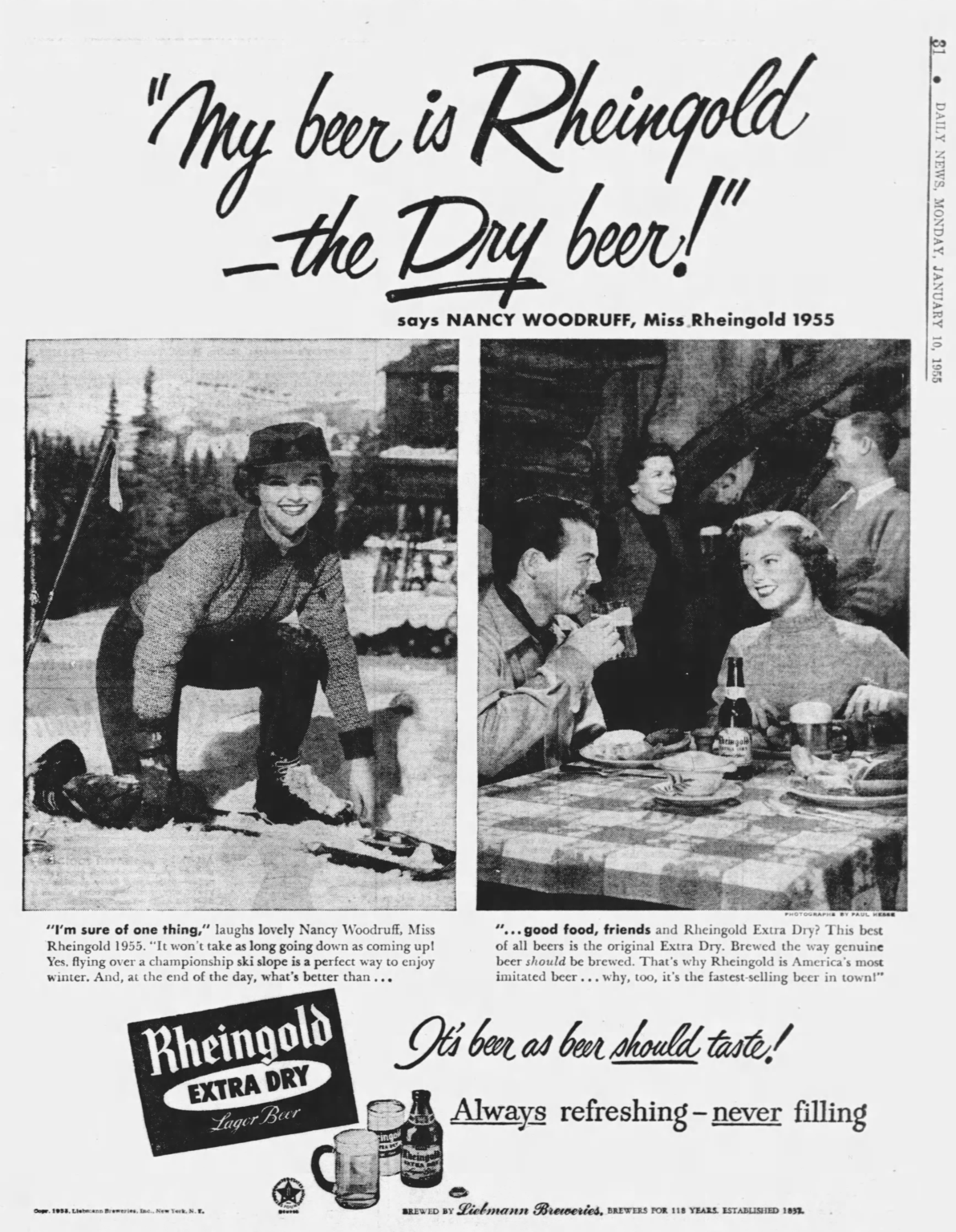 Beer In Ads #4318: Miss Rheingold 1955 On A Ski Slope