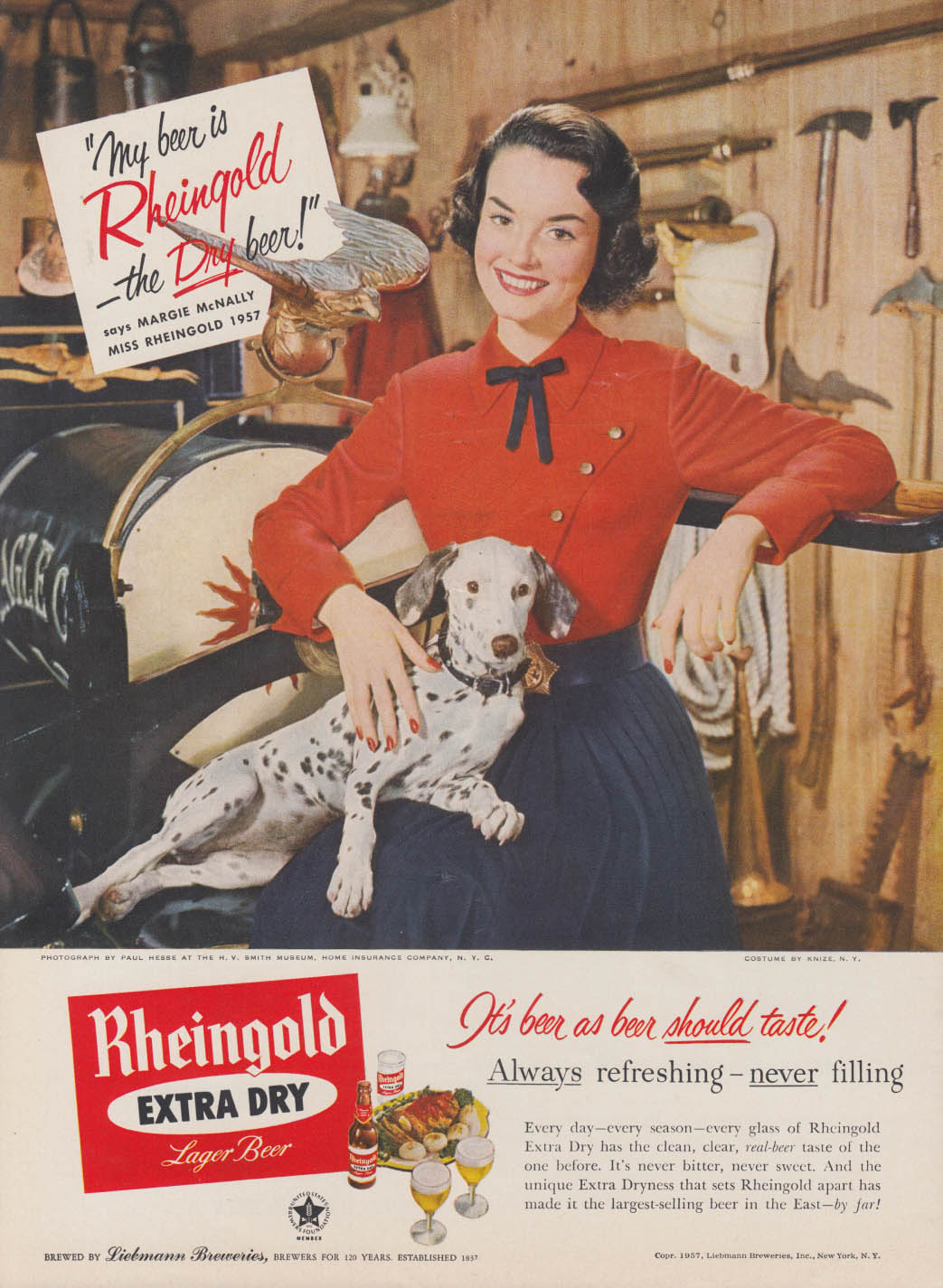 Beer In Ads #4399: Miss Rheingold 1957 Visits A Firefighting Museum